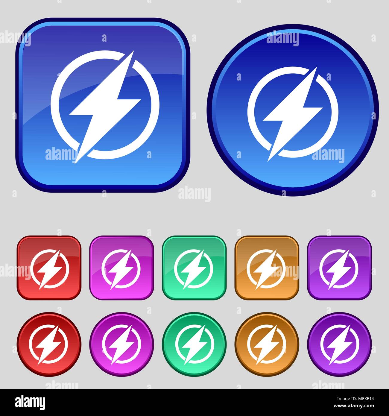 Photo flash sign icon. Lightning symbol. Set of colour buttons. Vector ...
