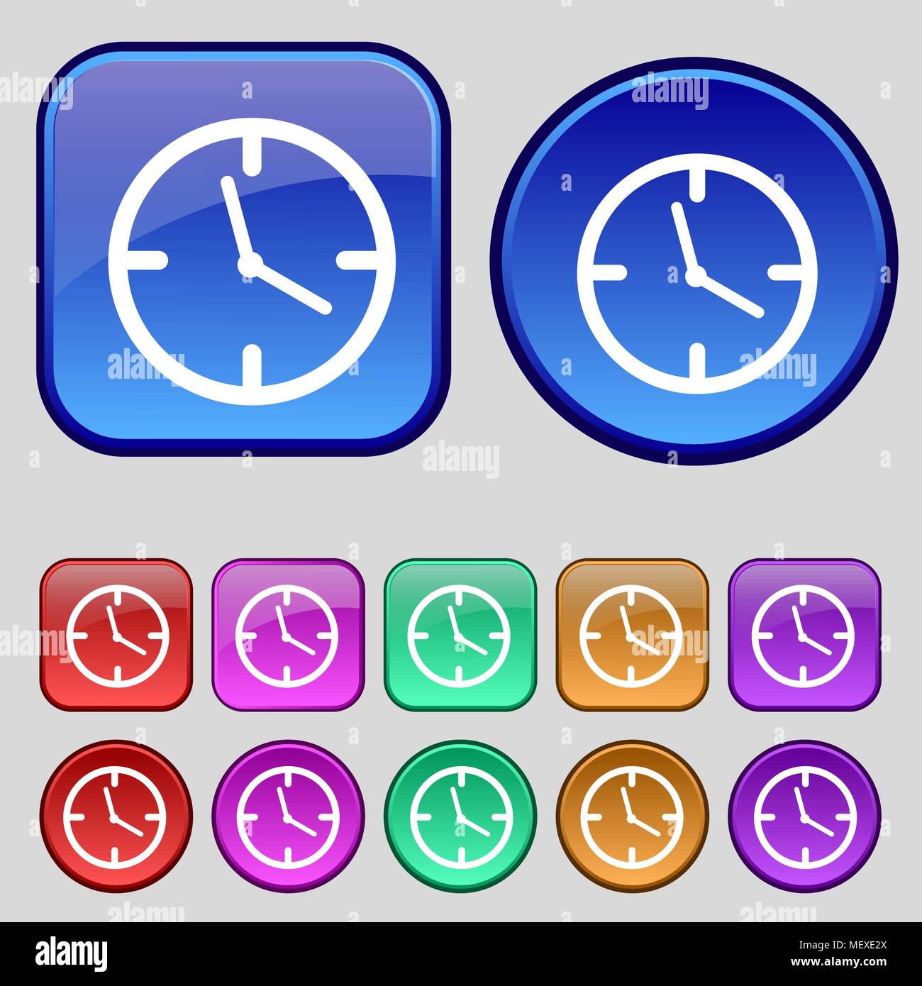 Clock time sign icon. Mechanical watch symbol. Set of colourful buttons ...