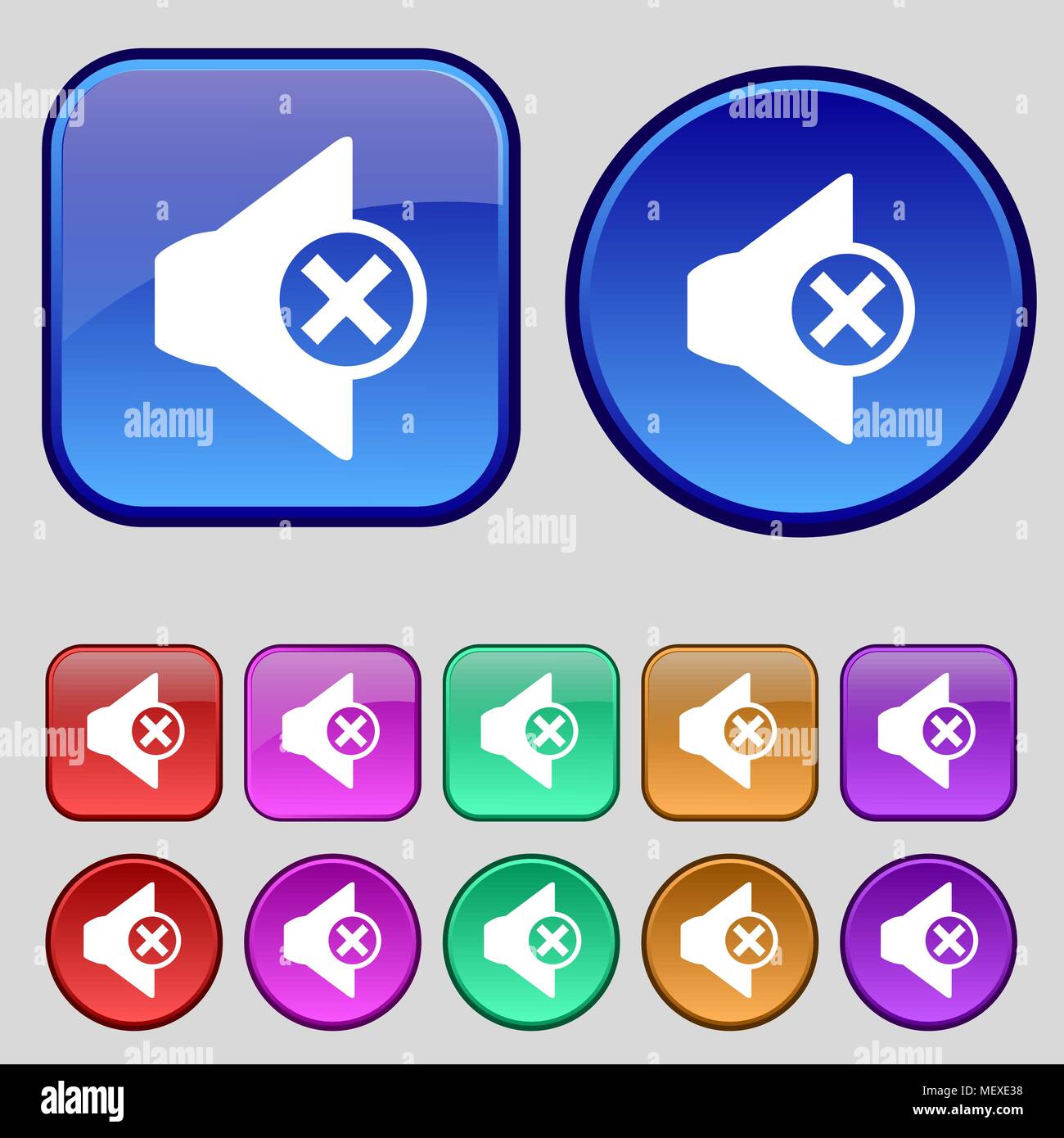 Mute speaker sign icon. Sound symbol. Set of colourful buttons. Vector ...
