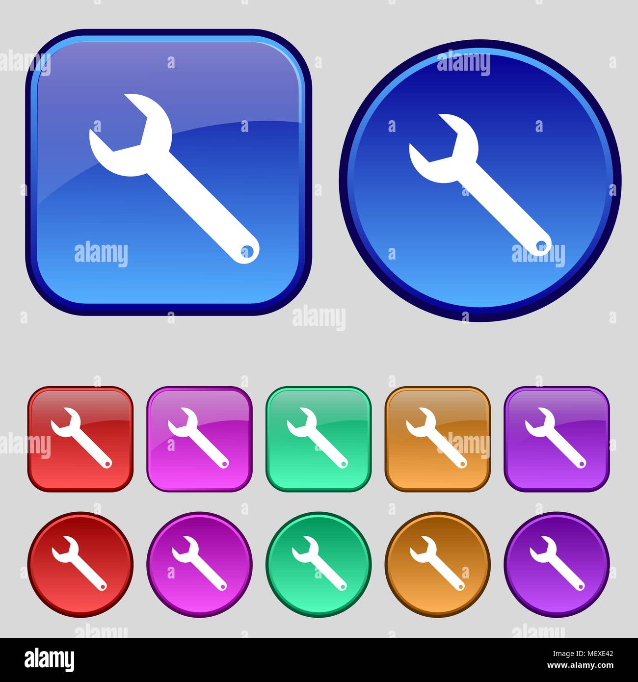 Wrench key sign icon. Service tool symbol. Set of colored buttons ...