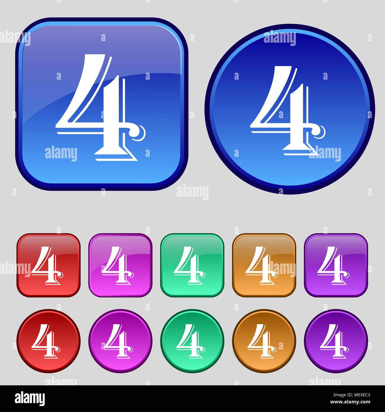 number four icon sign. Set of coloured buttons. Vector illustration ...