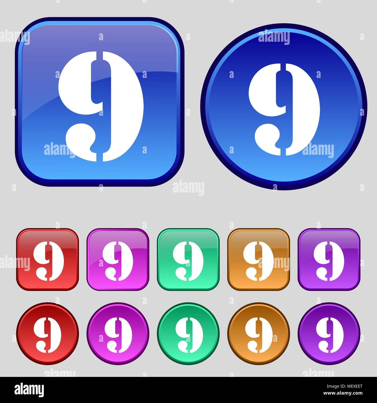 number Nine icon sign. Set of coloured buttons. Vector illustration ...