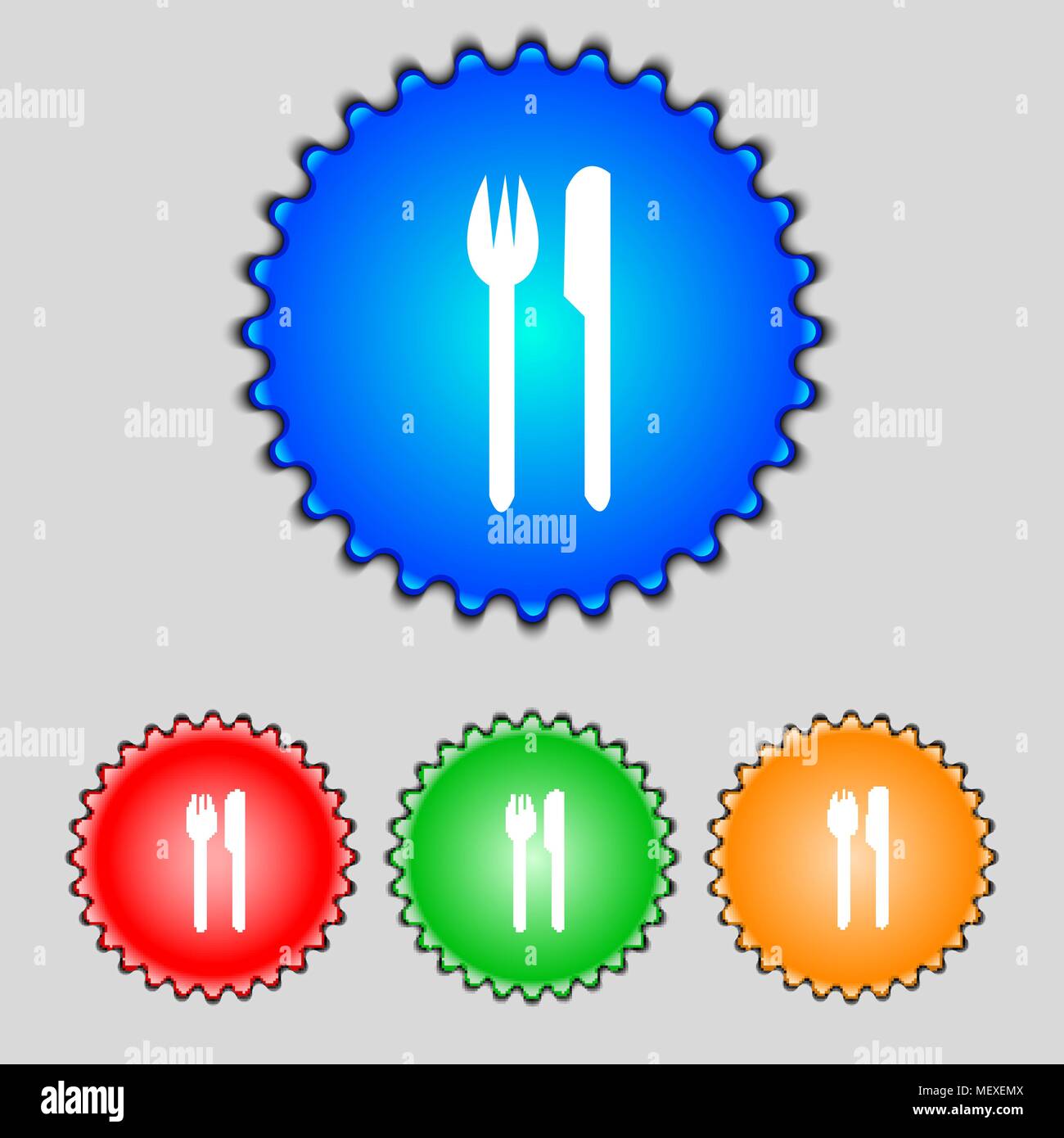 Eat sign icon. Cutlery symbol. Fork and knife. Set colourful buttons ...