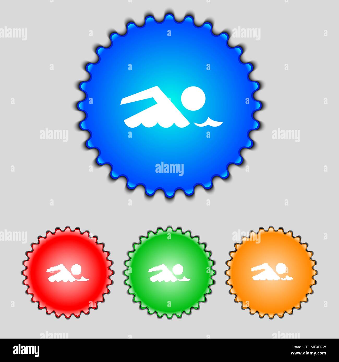 Swimming sign icon. Pool swim symbol. Sea wave. Set colourful buttons ...