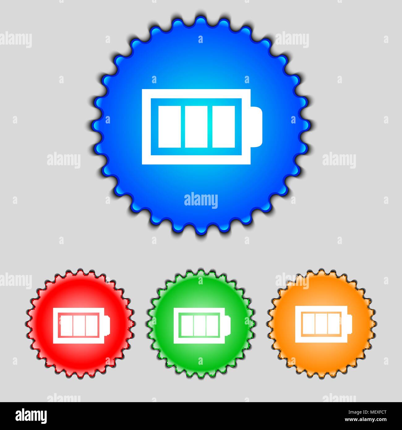 Battery fully charged sign icon. Electricity symbol. Set of colour ...