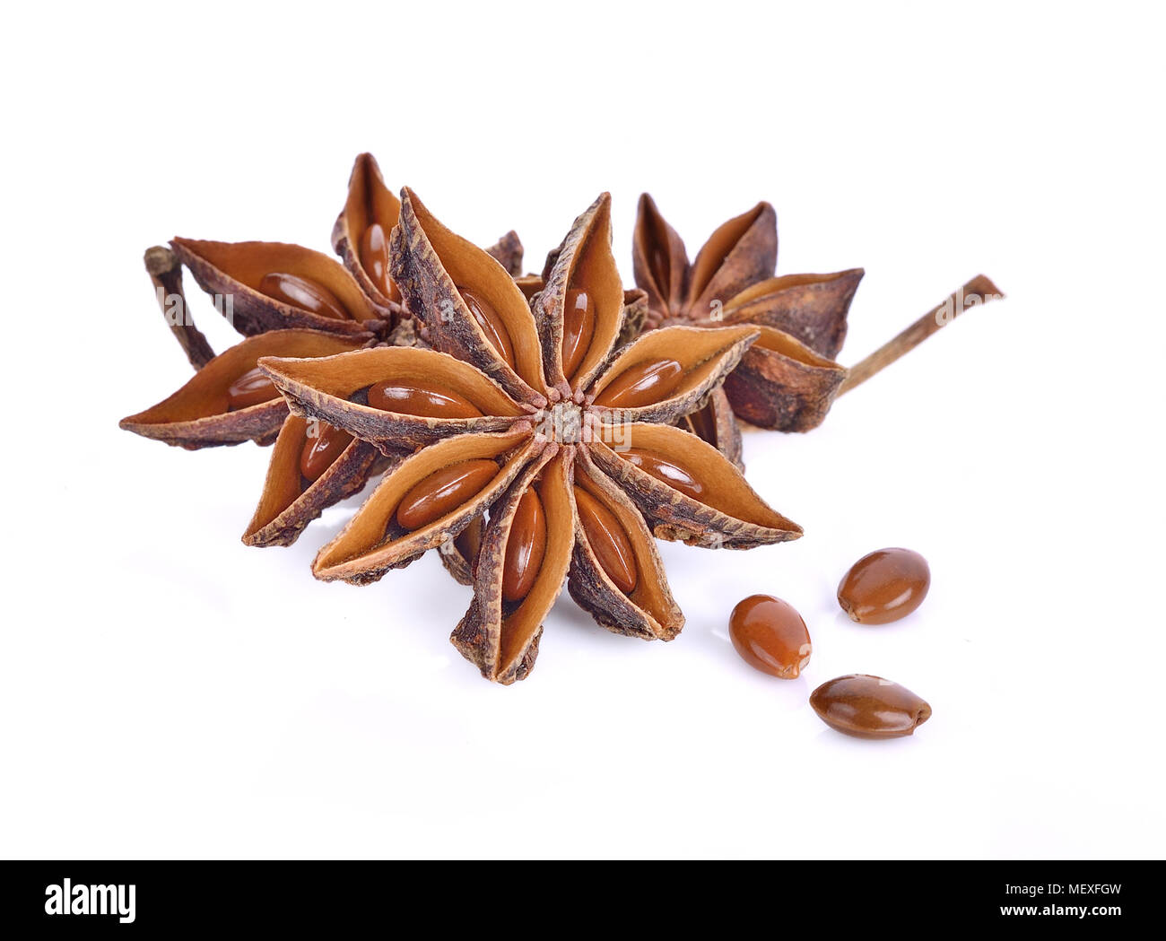Star anise spice fruits and seeds isolated on white background Stock ...