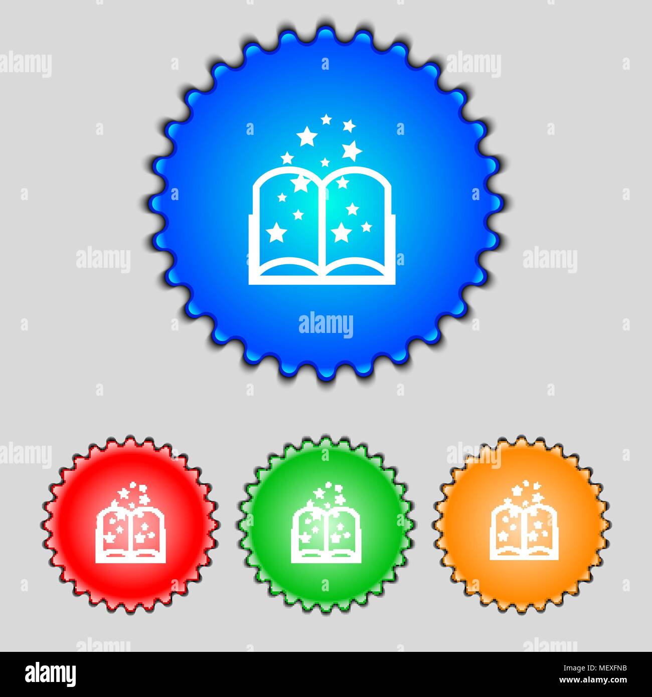 Magic Book sign icon. Open book symbol. Set of colored buttons. Vector ...
