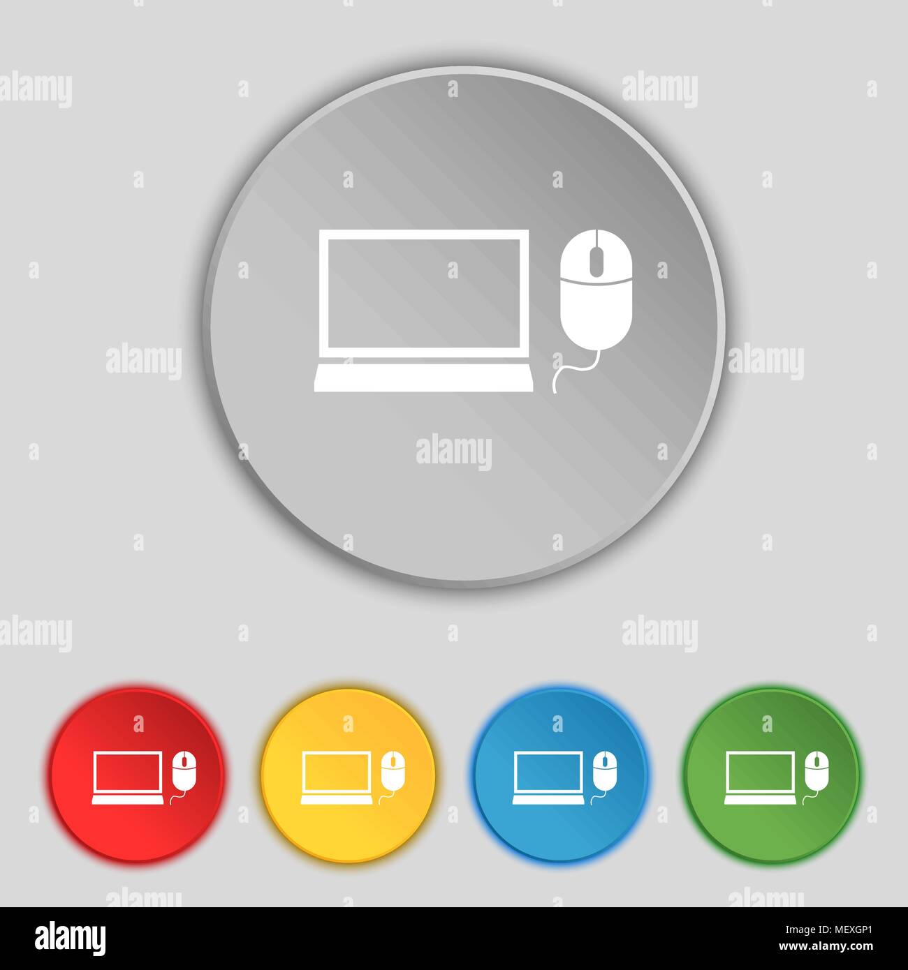 Computer widescreen monitor, mouse sign icon. Set colourful buttons ...