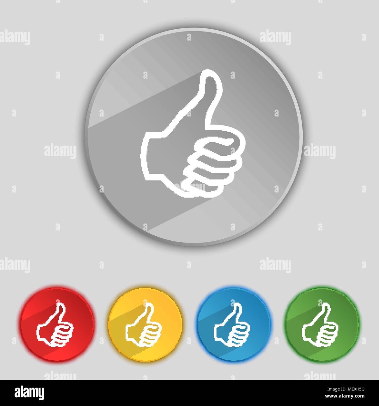 Like sign icon. Thumb up sign. Hand finger up. Set of colored buttons ...