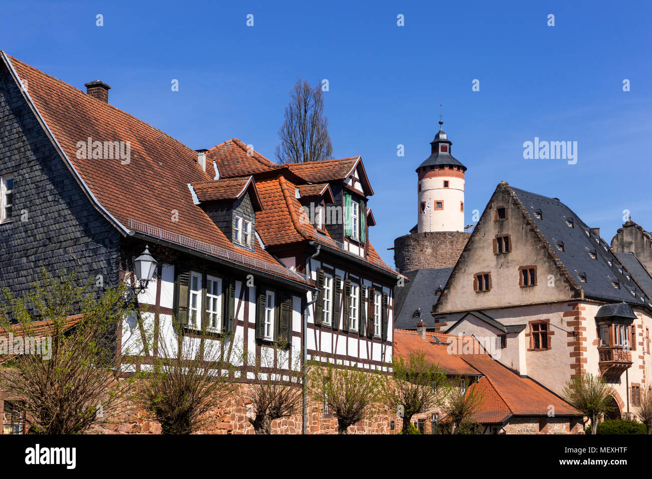 half-timbered house and Büdingen Castle in historic town centre of ...