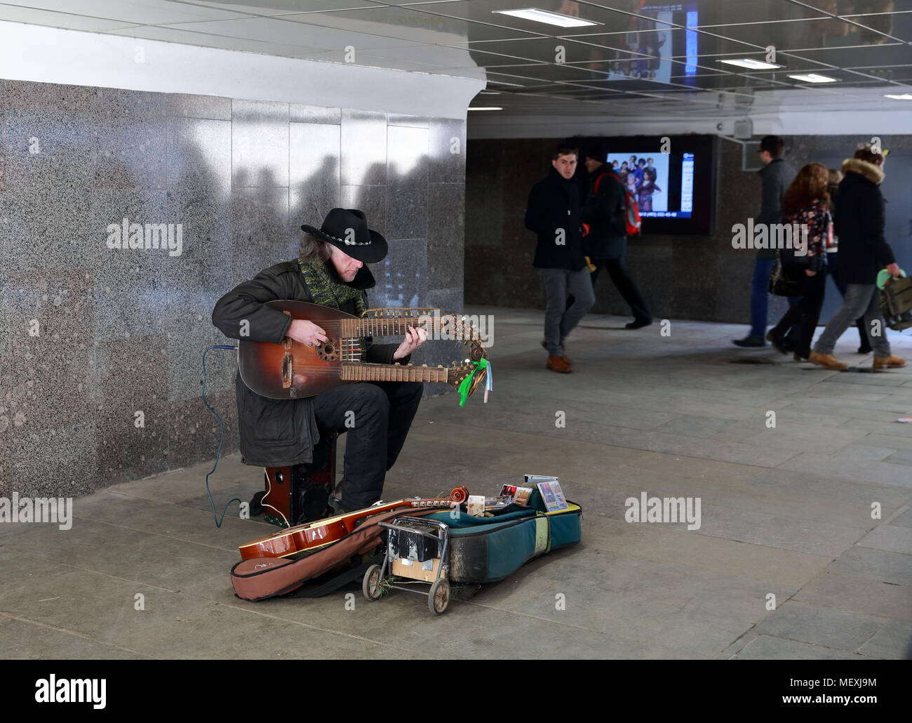 Performer plays an ancient traditional Russian musical instrument Stock ...