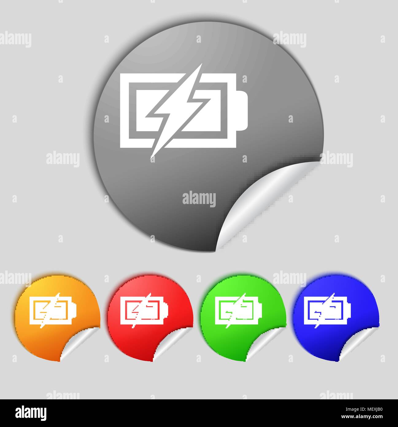 Battery charging sign icon. Lightning symbol. Set of colour buttons ...