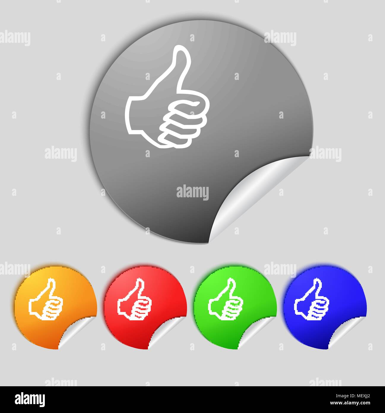 Like sign icon. Thumb up sign. Hand finger up. Set of colored buttons ...