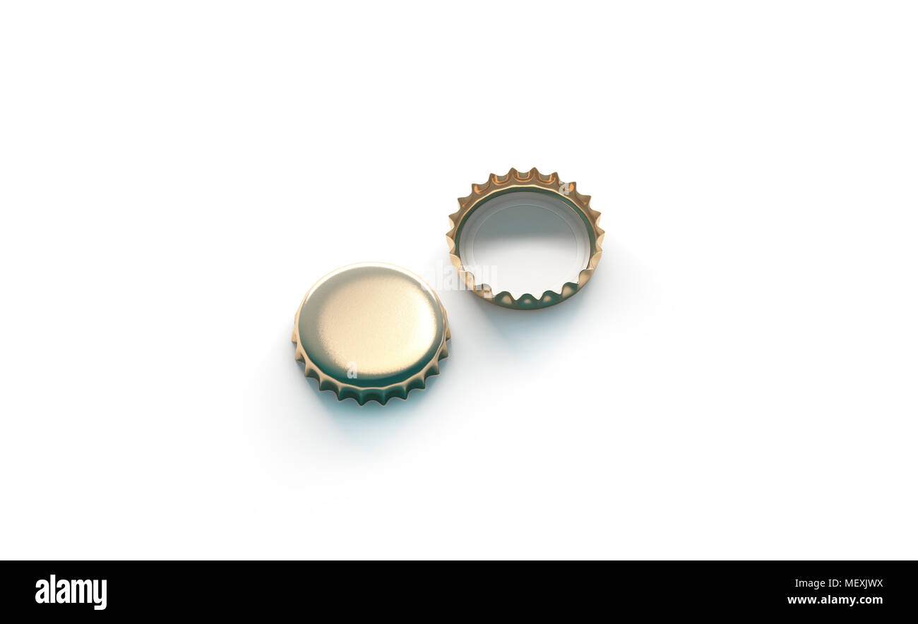 Blank white golden beer lid mockup, side view, front and back side, 3d ...