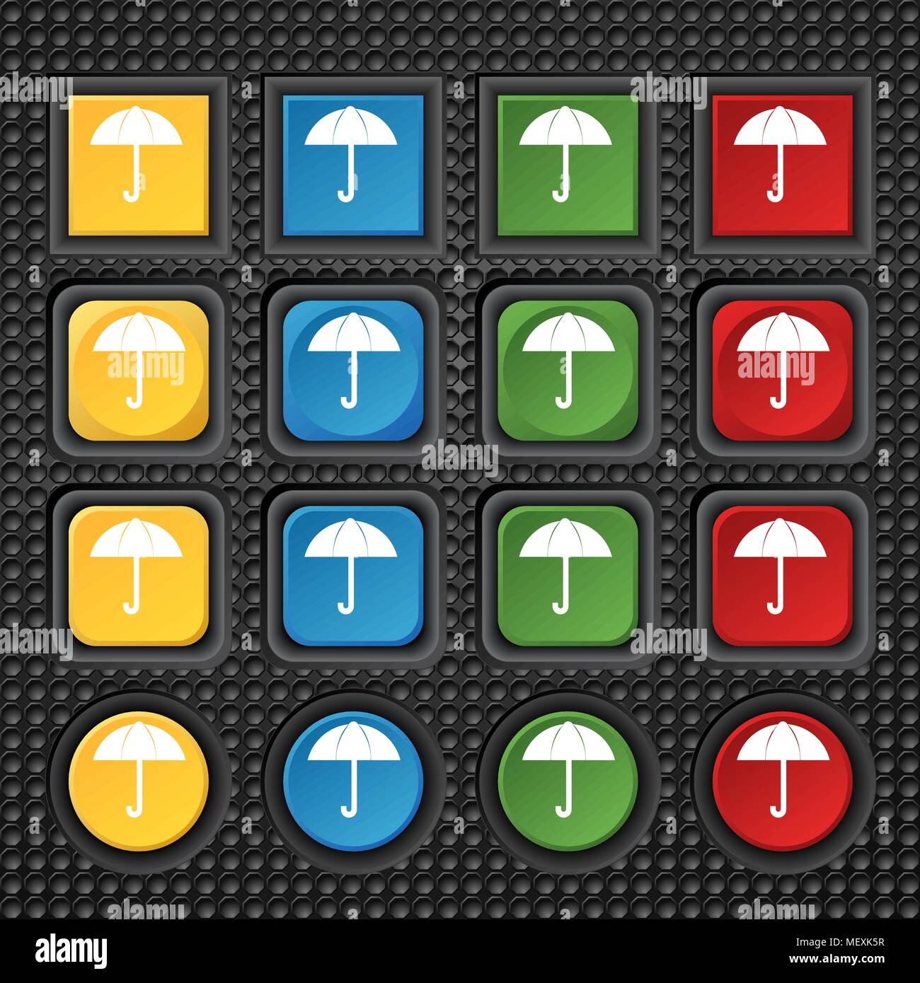 Umbrella sign icon. Rain protection symbol. Set colourful buttons ...