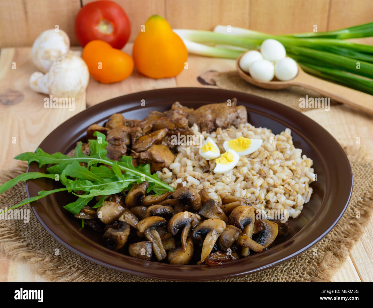 Barley porridge, fried mushrooms and duck liver, boiled quail eggs ...