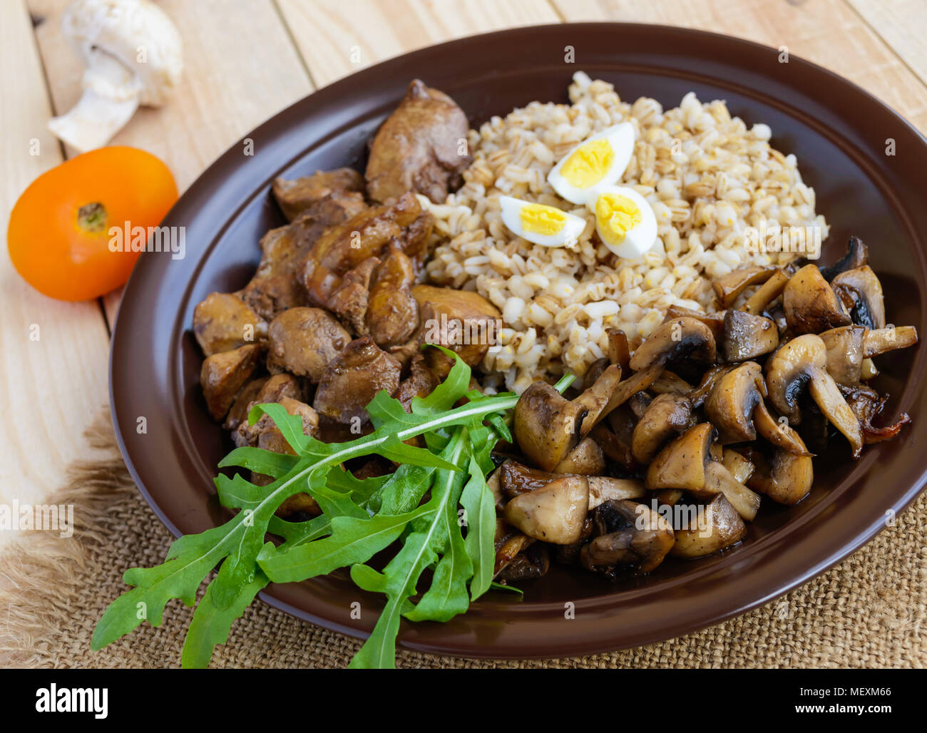 Barley porridge, fried mushrooms and duck liver, boiled quail eggs ...