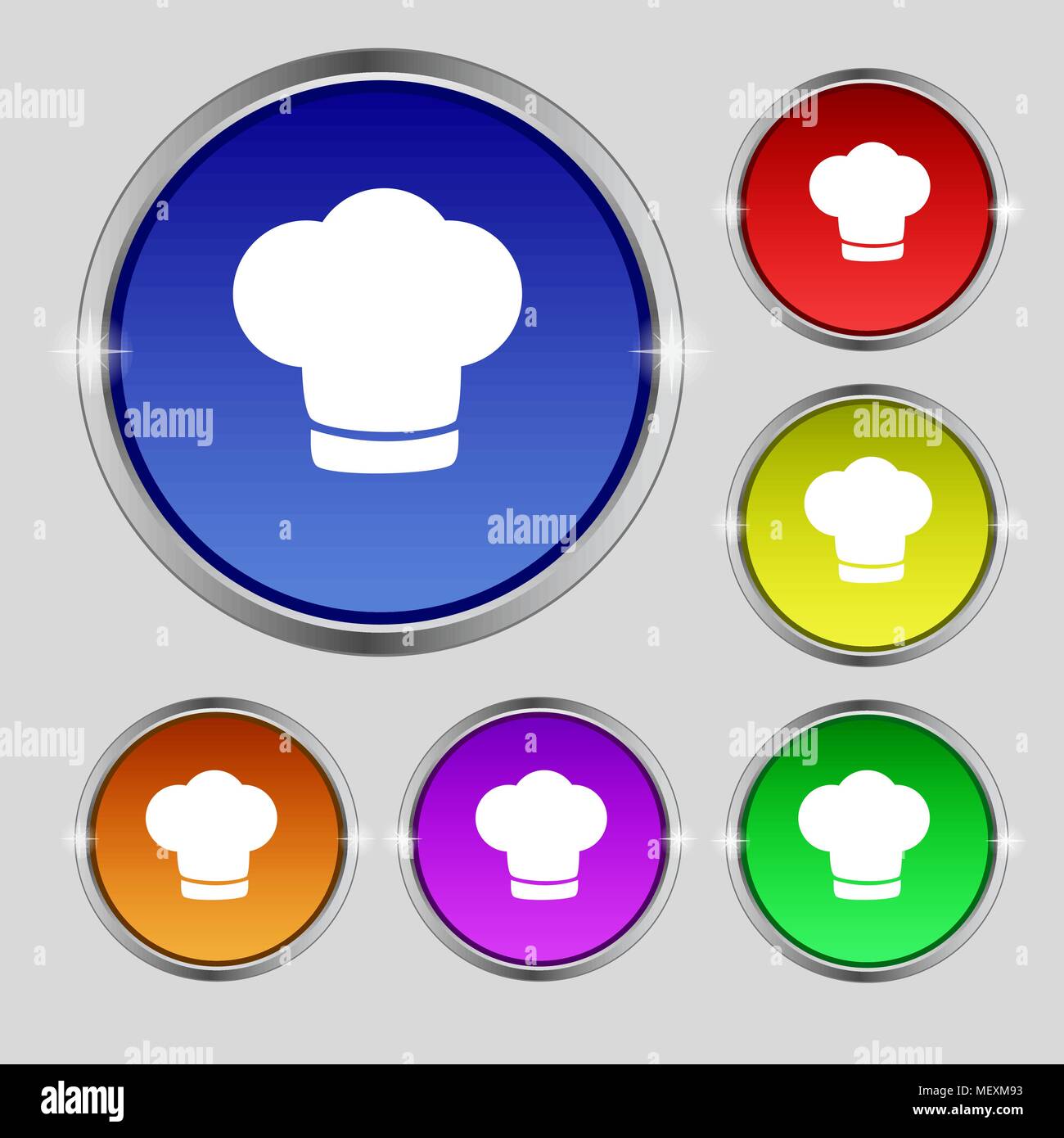 Chef hat sign icon. Cooking symbol. Cooks hat. Set colourful buttons ...
