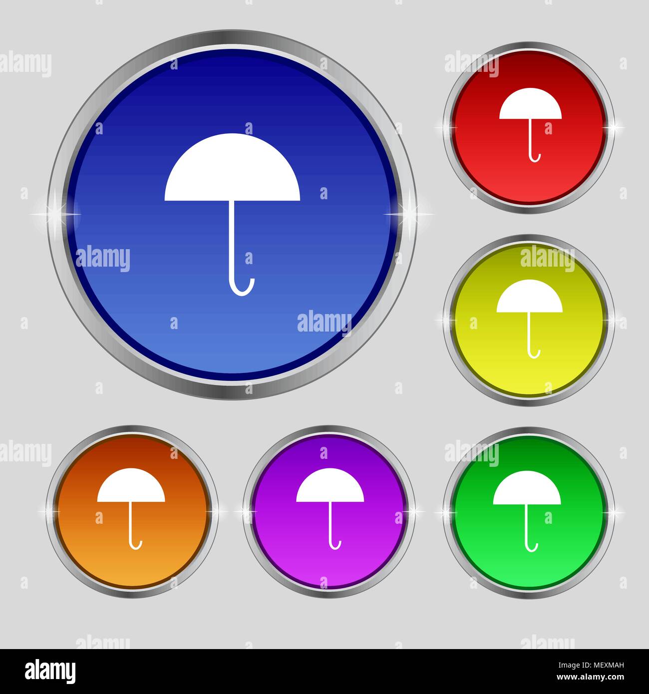 Umbrella sign icon. Rain protection symbol. Set colourful buttons ...
