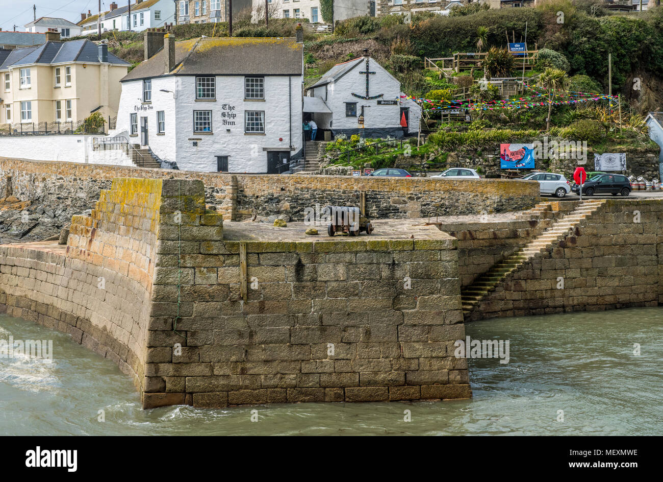 The Ship Inn and Harbour Wall at Porthleven, Cornwall, West of England ...