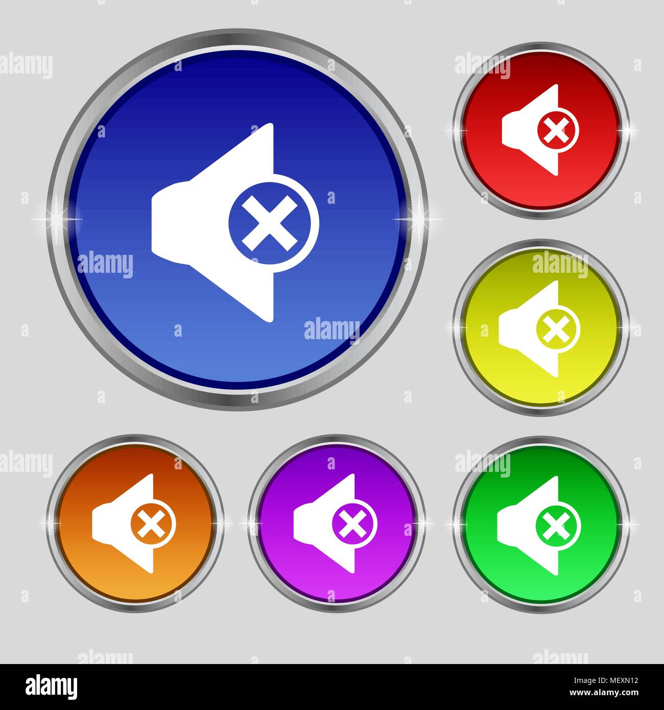 Mute speaker sign icon. Sound symbol. Set of colourful buttons. Vector ...