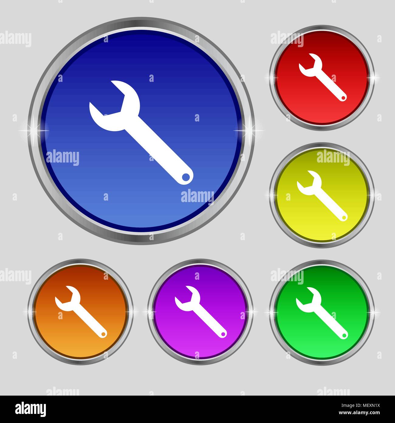 Wrench key sign icon. Service tool symbol. Set of colored buttons ...