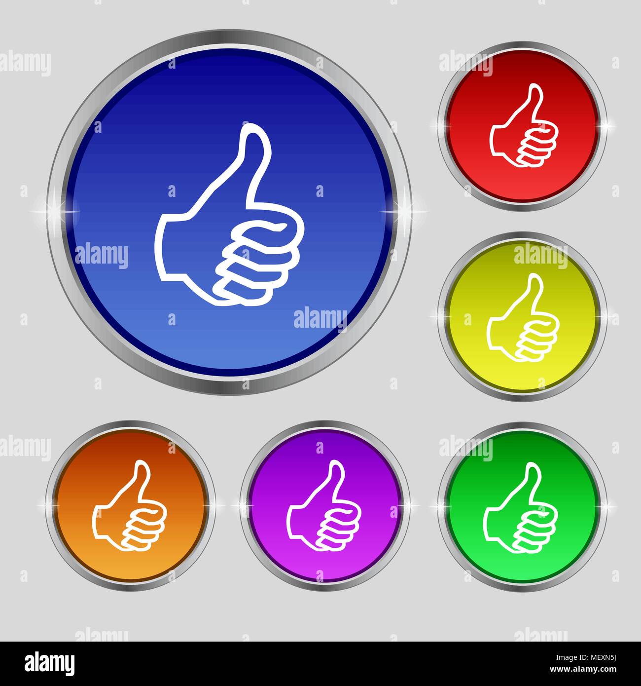 Like sign icon. Thumb up sign. Hand finger up. Set of colored buttons ...
