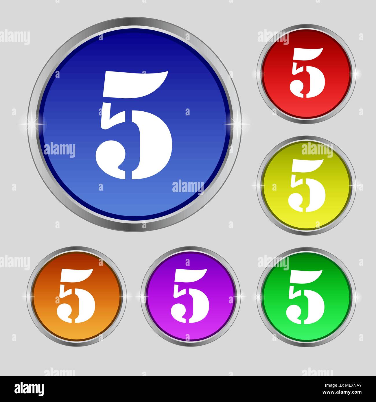 number five icon sign. Set of coloured buttons. Vector illustration ...