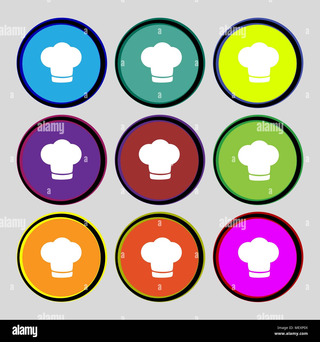 Chef hat sign icon. Cooking symbol. Cooks hat. Set colourful buttons ...