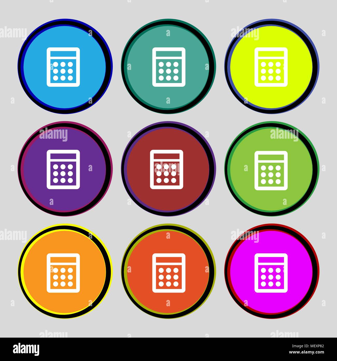 Calculator sign icon. Bookkeeping symbol. Set colour buttons. Vector ...