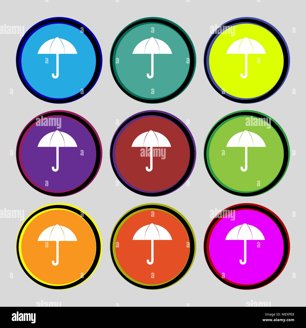 Umbrella sign icon. Rain protection symbol. Set colourful buttons ...