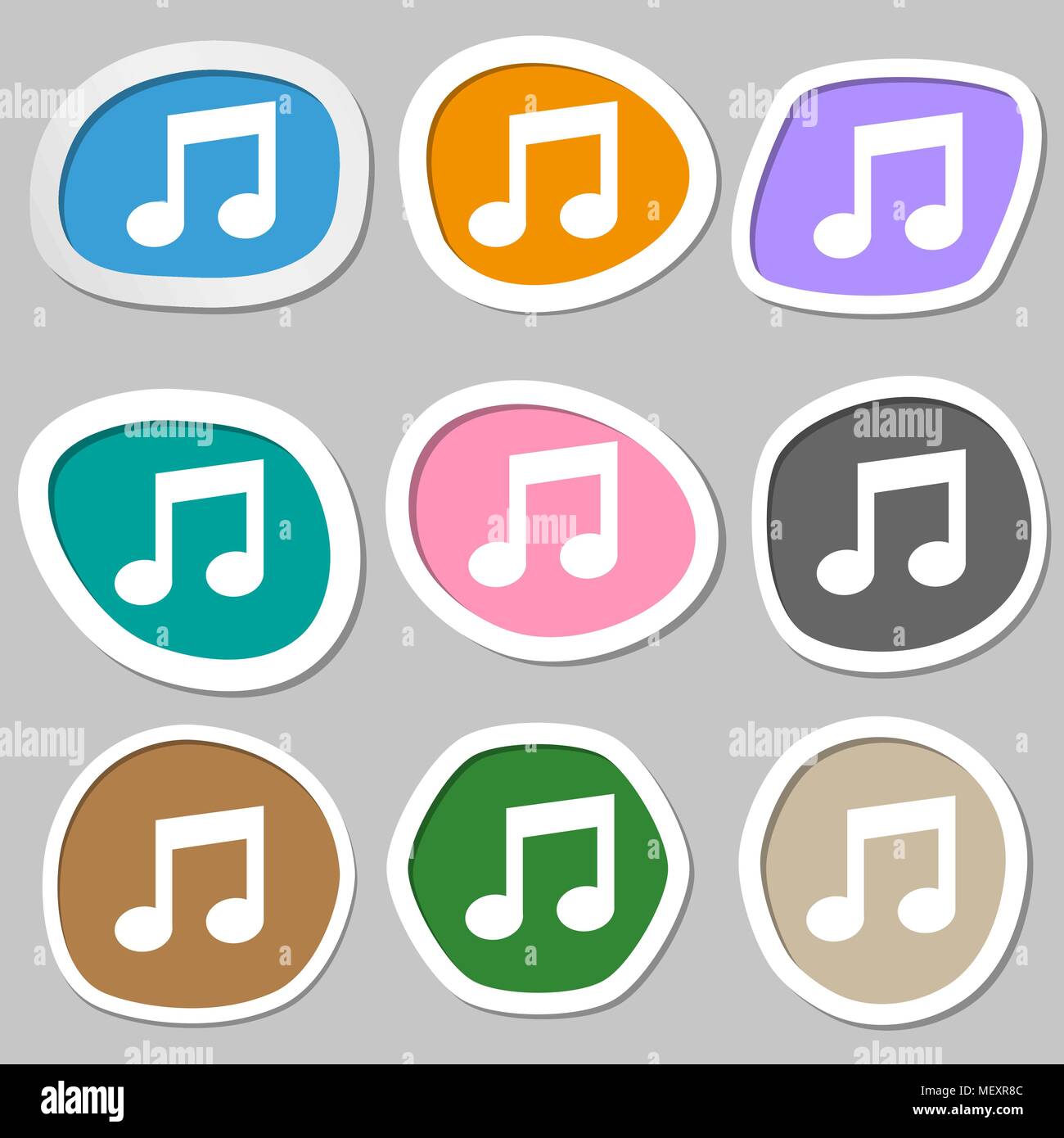 Music note sign icon. Musical symbol. Multicolored paper stickers ...