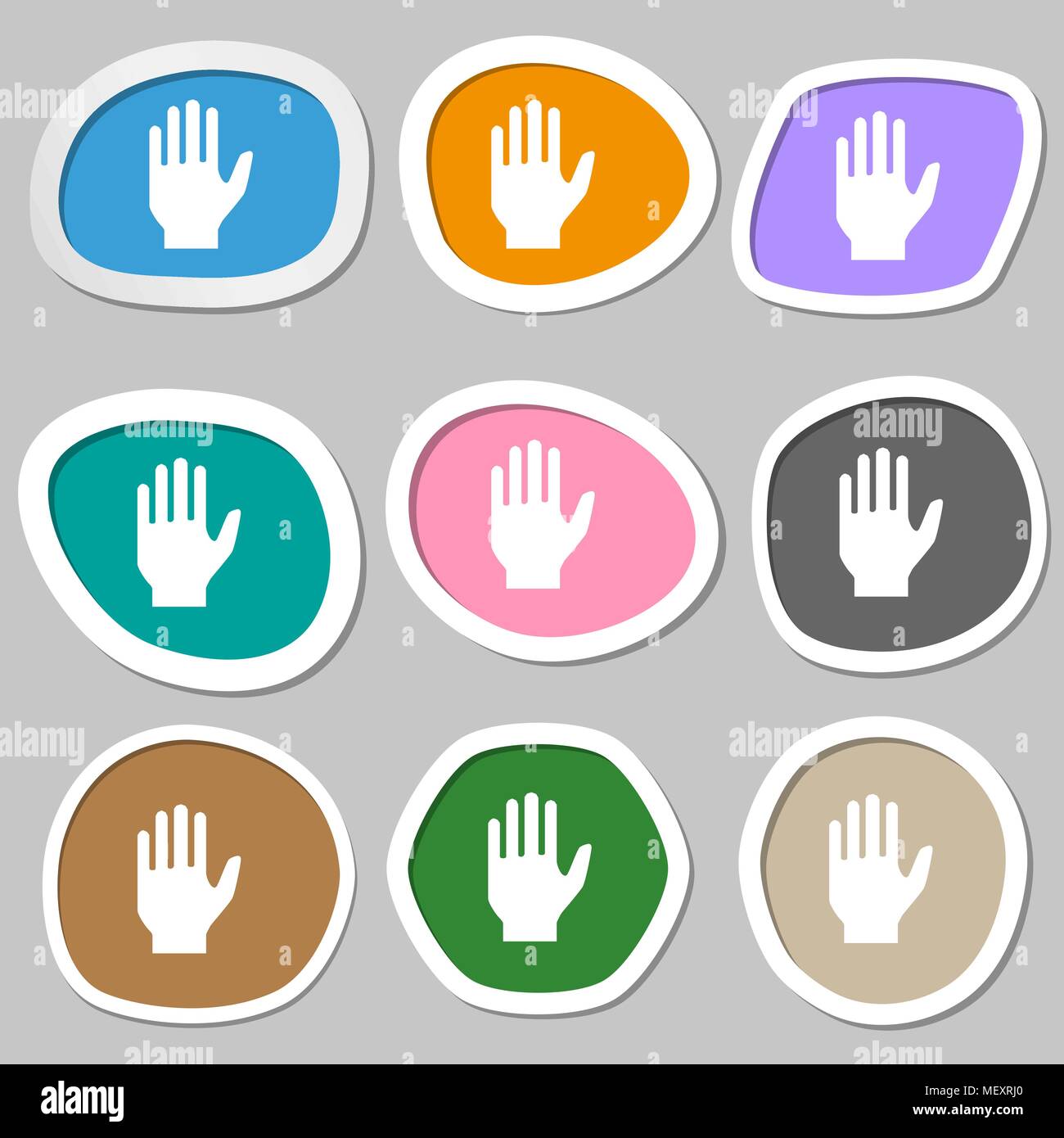 Hand print sign icon. Stop symbol. Multicolored paper stickers. Vector ...