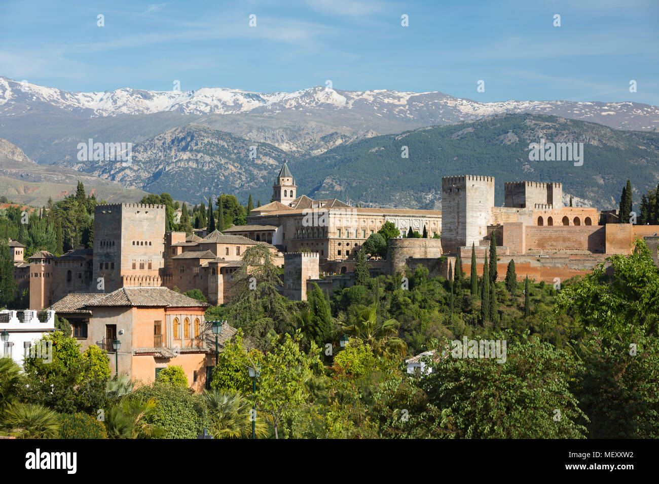 The Alhambra and Sierra Nevada mountains viewed from the Palacio Dar-al ...