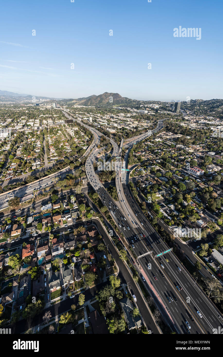 Vertical aerial view of Ventura 101 Freeway and Hollywood 170 freeways ...