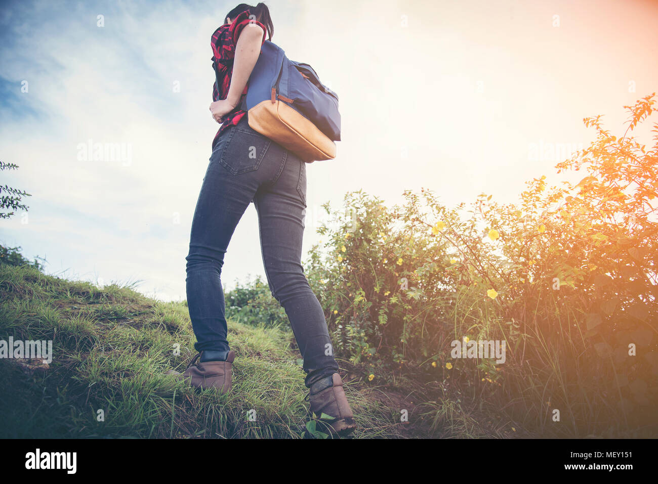 lady hiker on the walkway at the Grand Canyon National Park Stock Photo ...