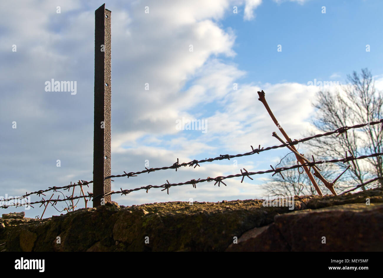 Barbed wire meshes on an old stone wall a ruin. Behind the two wires ...