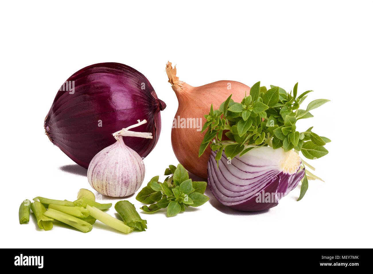 Spring onion, onions bulbs, garlic bulb, basil isolated on white ...