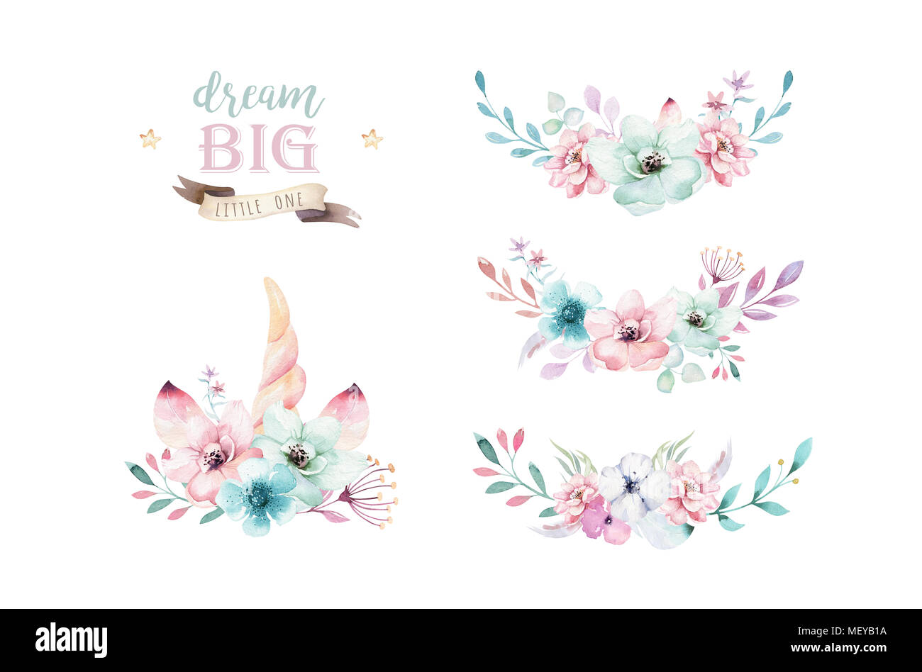 Set of watercolor boho floral bouquets. Bohemian natural frame: leaves ...