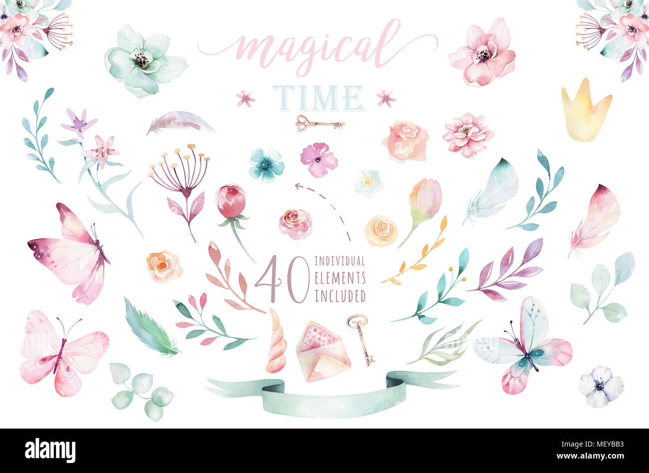 Hand drawing isolated boho watercolor blossom floral illustration with ...