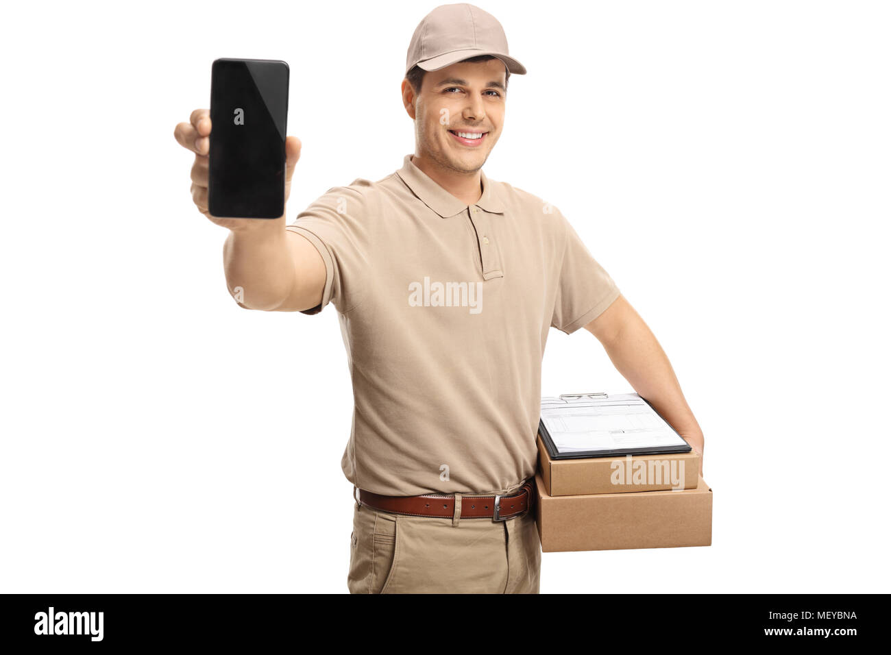 Delivery guy showing a phone isolated on white background Stock Photo ...