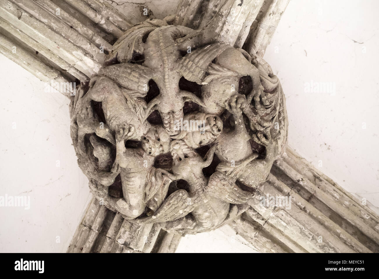Ceiling boss on the corridor of the cloister at the medieval cathedral ...