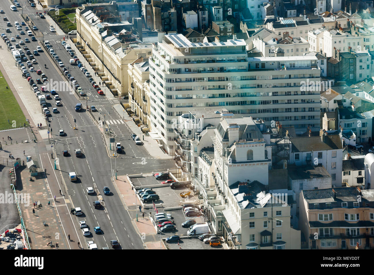 Aerial view of sunny summer Brighton. Residential and office buildings ...