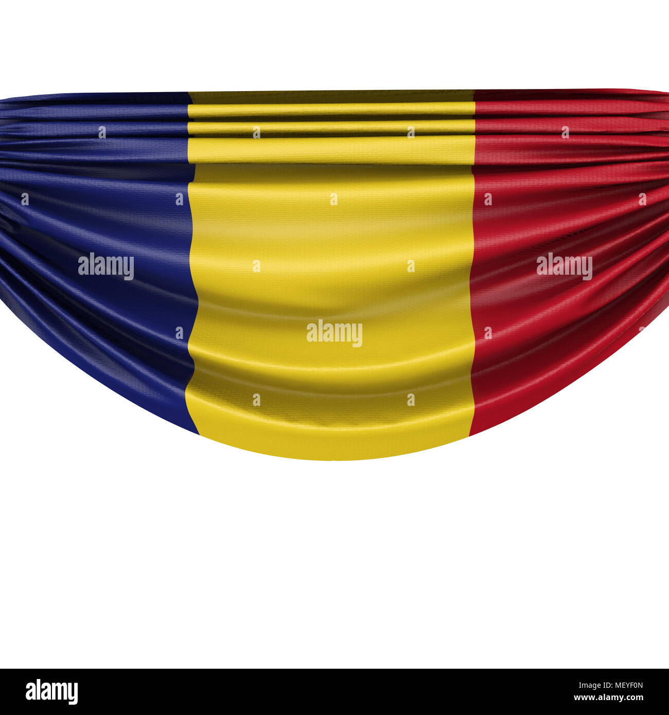 Romania national flag hanging fabric banner. 3D Rendering Stock Photo ...
