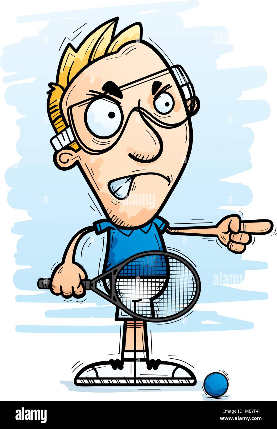 A cartoon illustration of a man racquetball player looking angry and ...