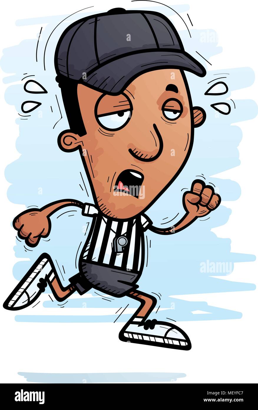 A cartoon illustration of a black man referee running and looking ...