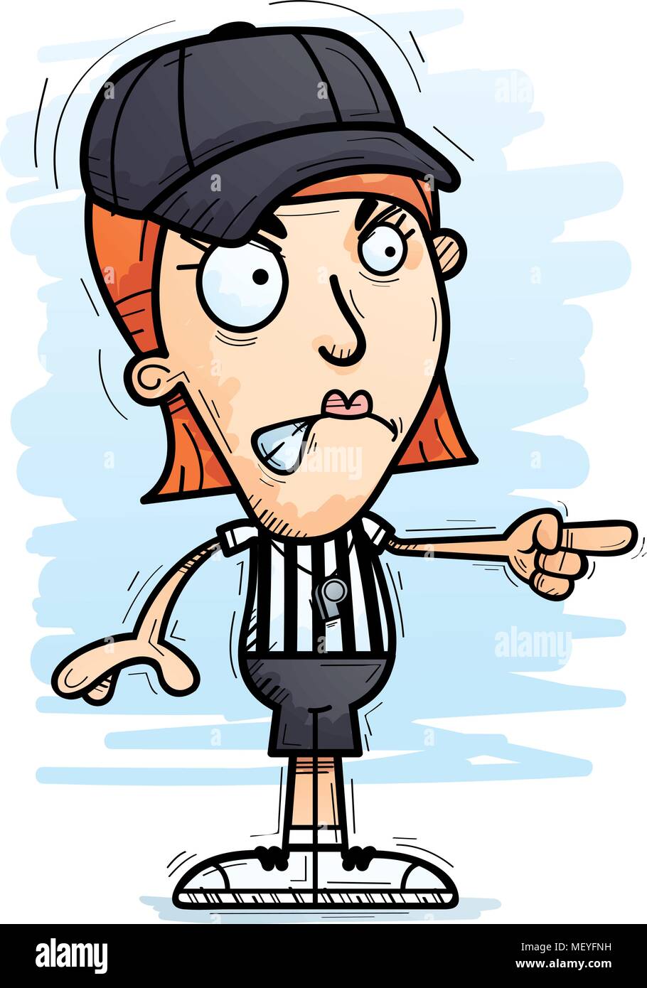 A cartoon illustration of a woman referee looking angry and pointing ...