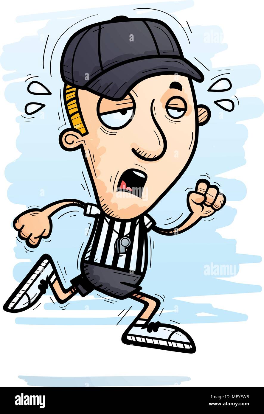 A cartoon illustration of a man referee running and looking exhausted ...