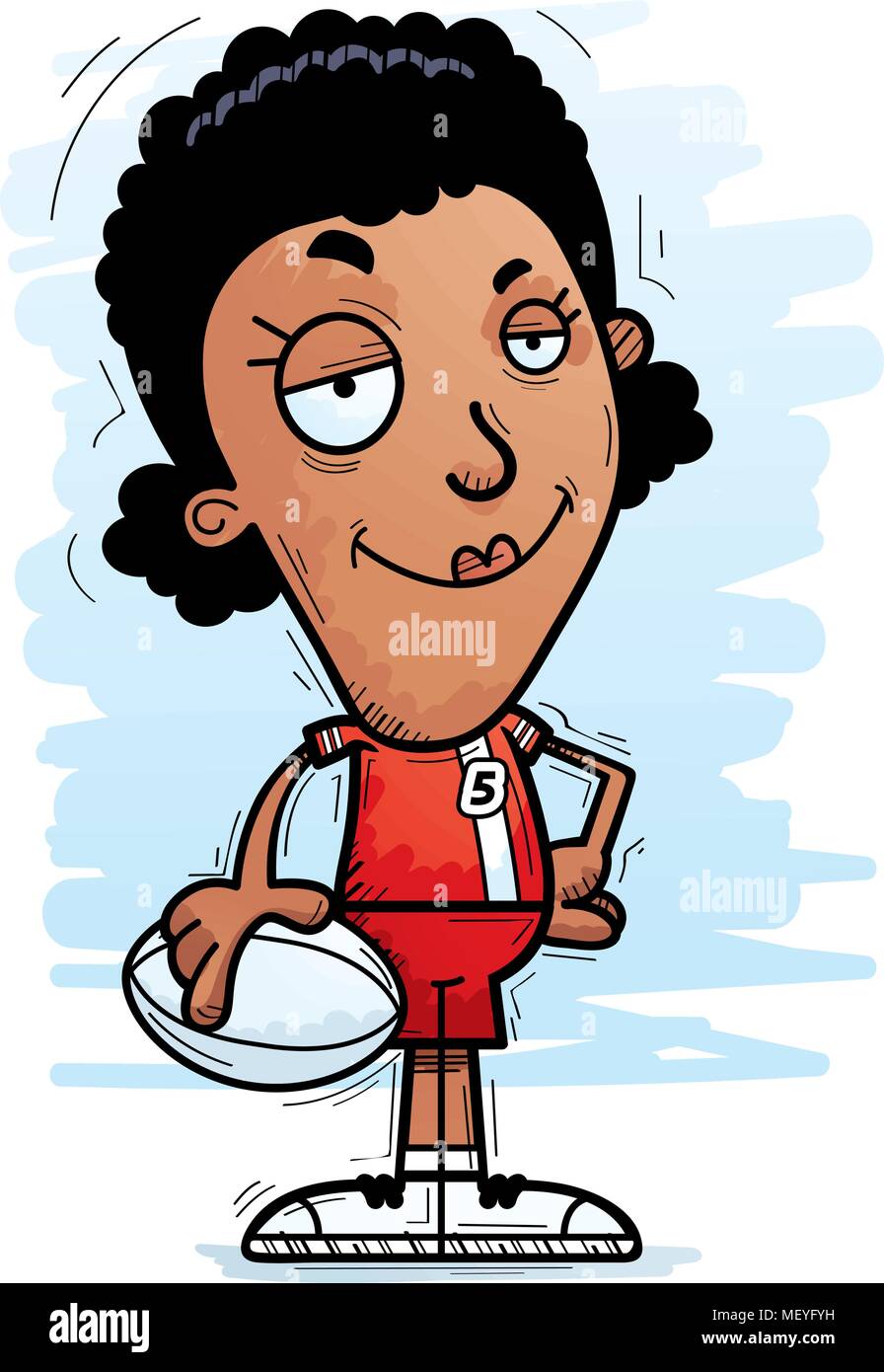 A cartoon illustration of a black woman rugby player looking confident ...