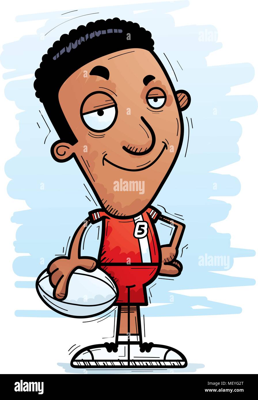 A cartoon illustration of a black man rugby player looking confident ...